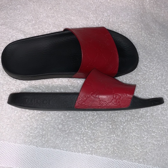 Gucci | Shoes | Gucci Red Rubber Gg Monogram Signature Pool Slide ...